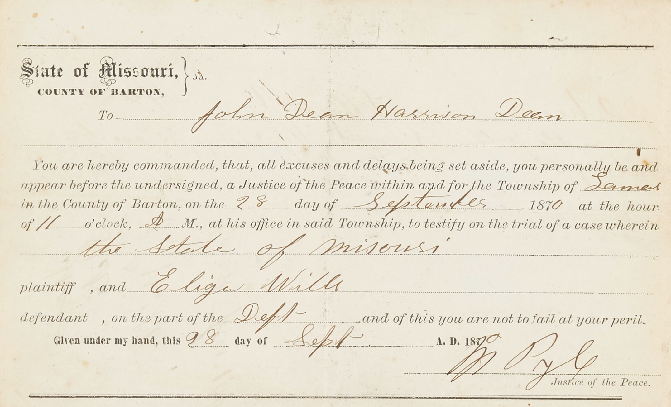 Bonhams : WYATT EARP SUMMONS FOR HARRISON DEAN, 1870. EARP, WYATT. 1848 ...