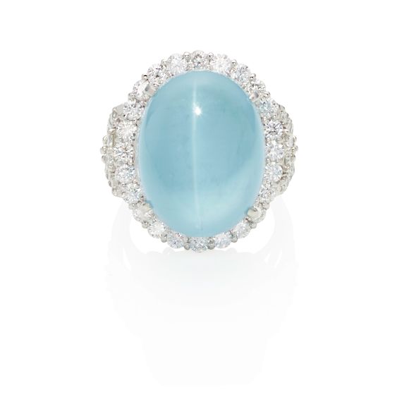 Bonhams : PLATINUM, CAT'S EYE AQUAMARINE AND DIAMOND RING