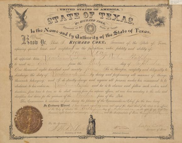 Bonhams : TEXAS RANGER IRA LONG'S COMMISSION. COKE, RICHARD, Governor ...