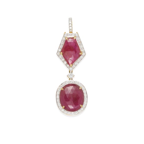 Bonhams : AN 18K GOLD, DIAMOND AND RUBY PENDANT