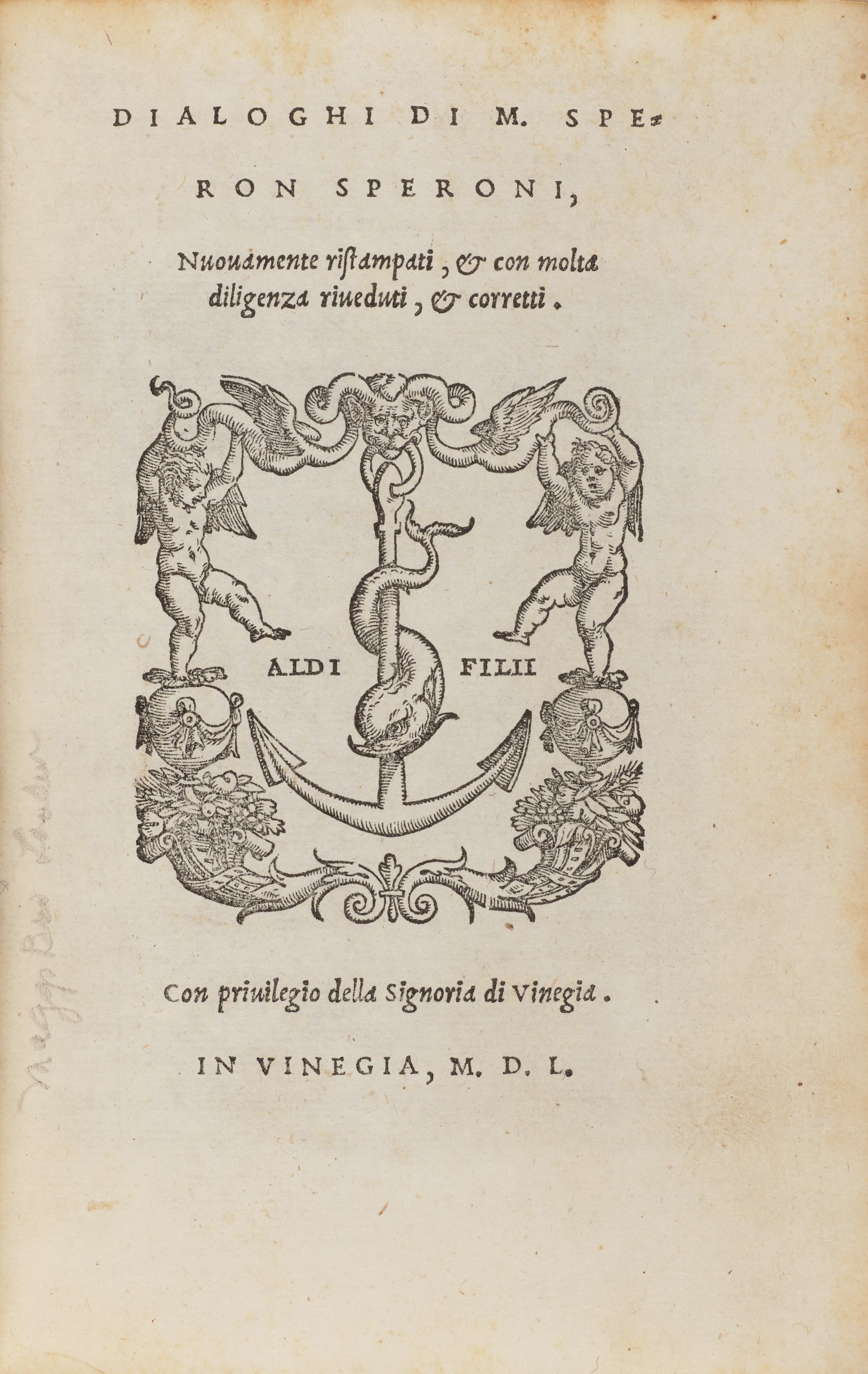 Bonhams : SPERONI DEGLI ALVAROTTI, SPERONE. 1500-1588. Dialoghi. Venice ...