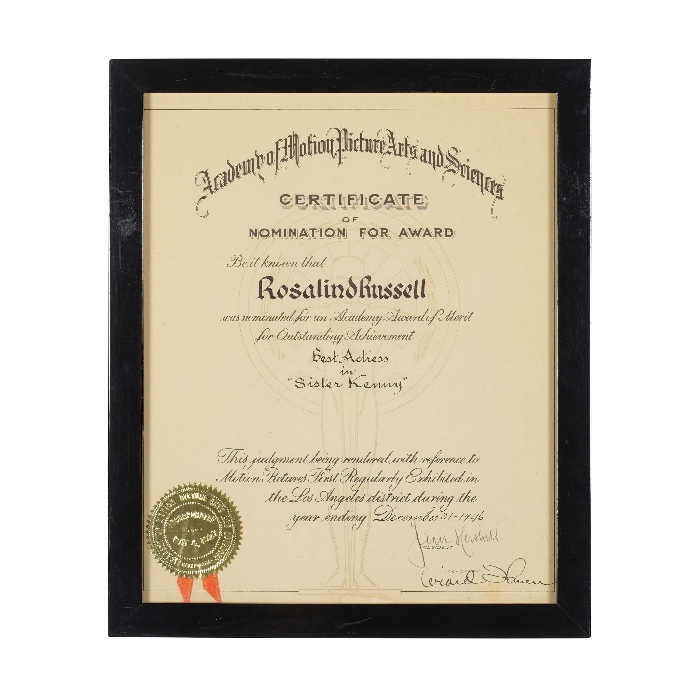 Bonhams : A Rosalind Russell Academy Award nomination certificate for ...