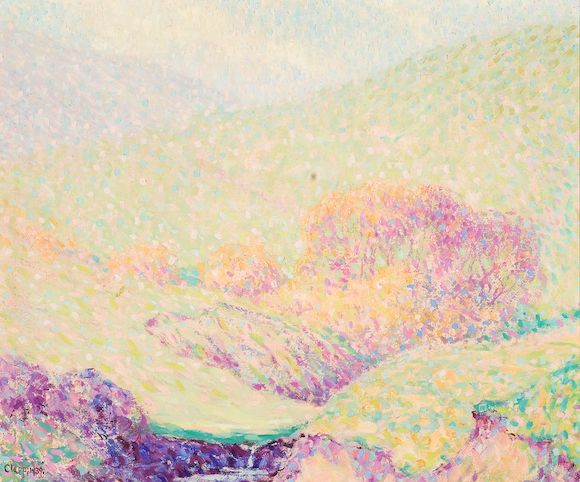 Bonhams : William Clapp (1879-1954) A Stream and Hills 20 x 24 in ...