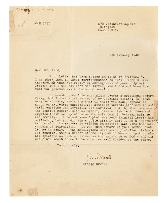 Bonhams : ORWELL, GEORGE. 1903-1950. Typed Letter Signed ("Geo. Orwell ...
