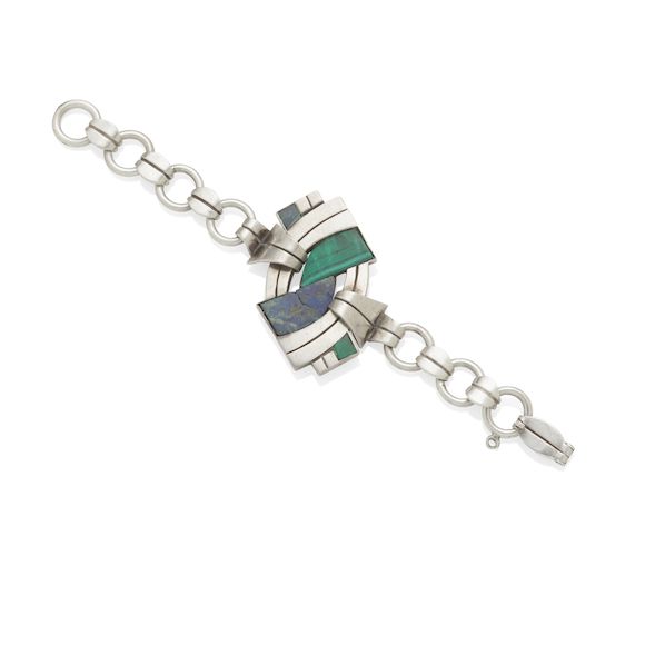 Bonhams : A SILVER MALACHITE AND AZURMALACHITE BRACELET, WILLIAM ...