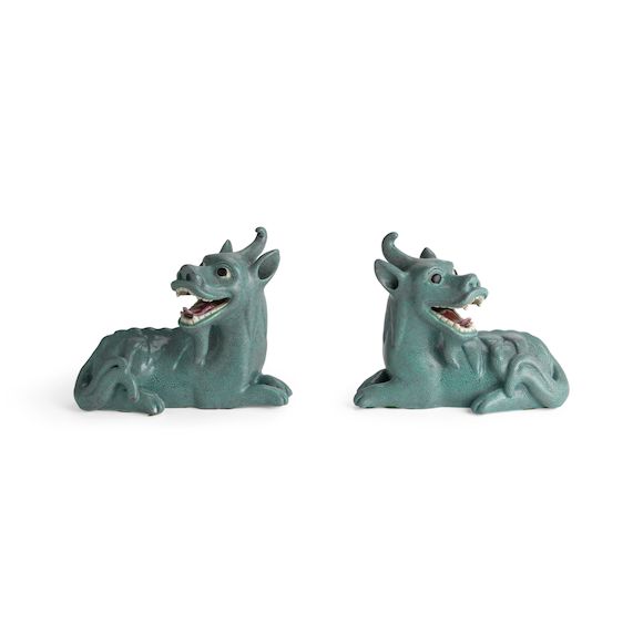 Bonhams : A PAIR OF 'ROBINS EGG'-GLAZED MYTHICAL BEASTS Late Qing ...