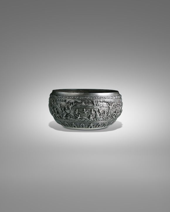 Bonhams : A SILVER OFFERING BOWL WITH SCENES FROM THE TAUNGPYONE FOLK ...