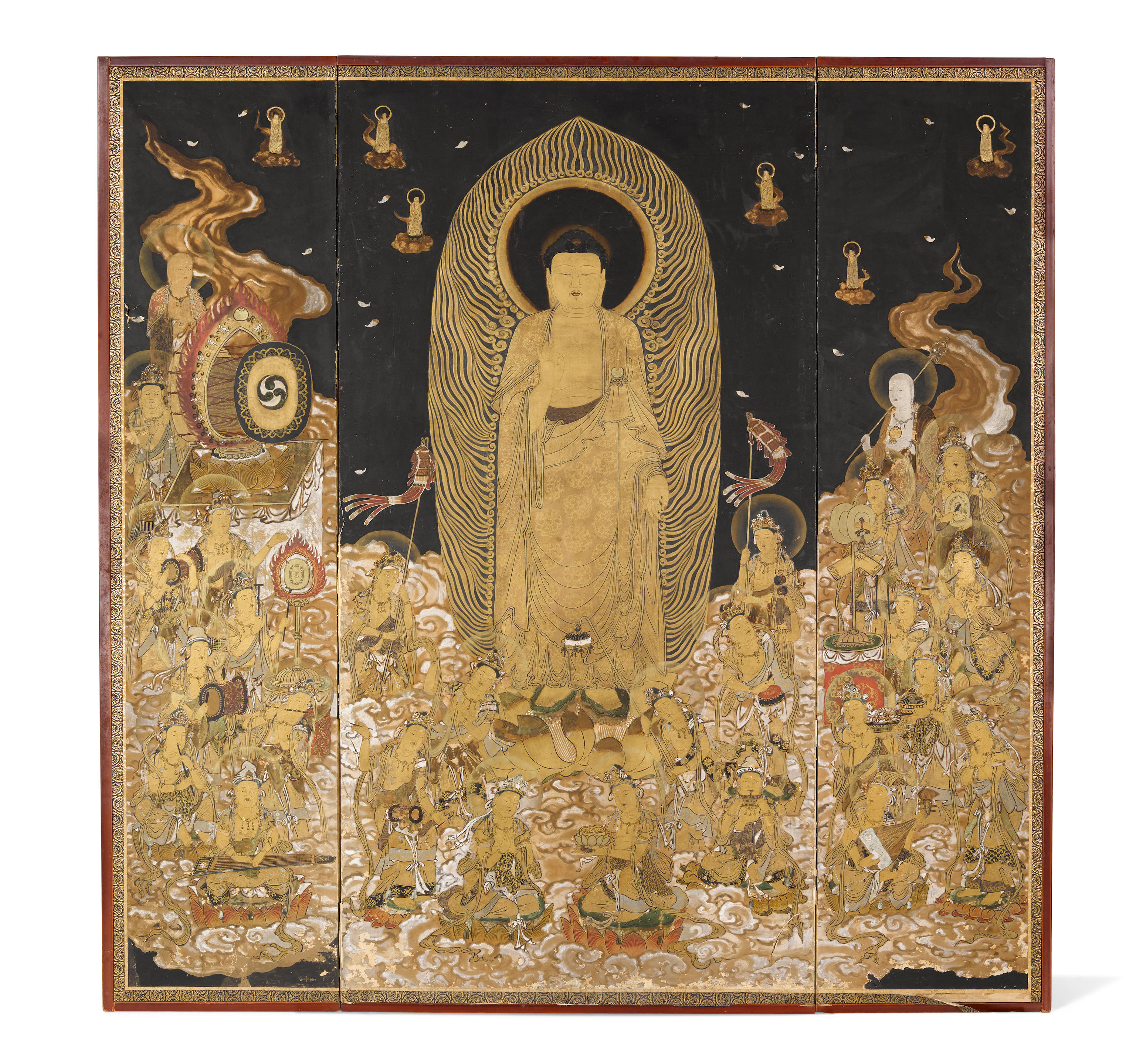 Bonhams : A THREE-PANEL SCREEN OF AMIDA RAIGO Edo Period (1605-1868) to ...