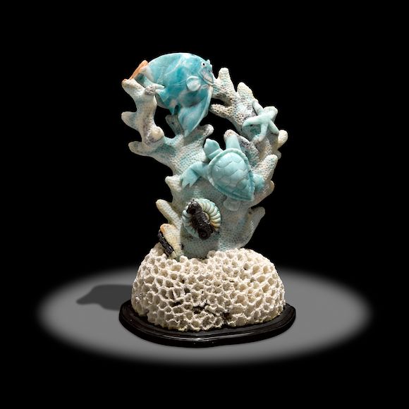 Bonhams : Large Blue Quartz Carving Depicting Sealife--Sea Turtles and ...