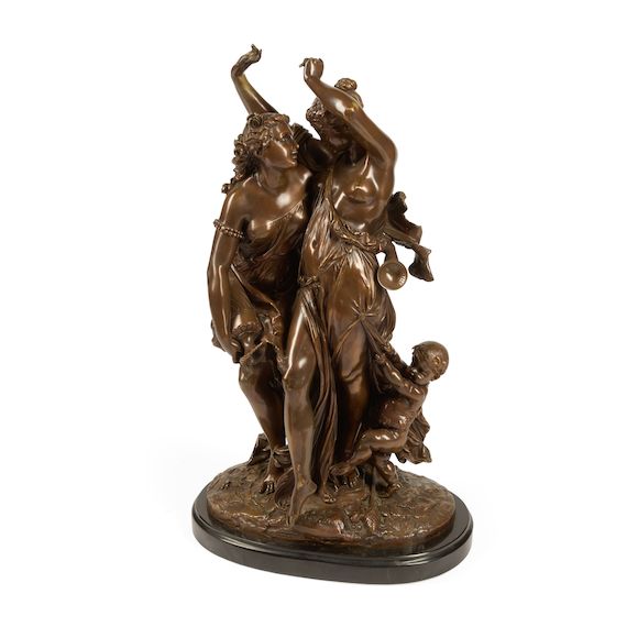 Bonhams : A FRENCH PATINATED BRONZE GROUP OF TWO DANCING BACCHANTES AND ...