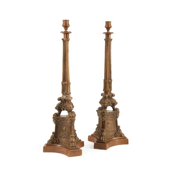 Bonhams : A PAIR OF FRENCH NEOCLASSICAL STYLE PAINTED METAL CANDLESTICKS