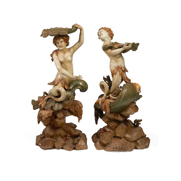Bonhams : A PAIR OF ITALIAN PAINTED AND GILTWOOD FIGURAL GROTTO ...