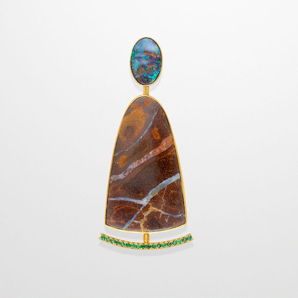 Bonhams : Boulder Opal and Emerald Pendant by Konstantin Libman