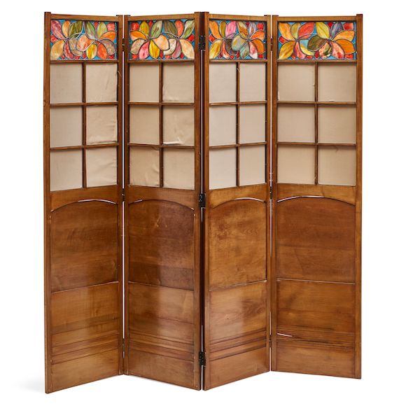 Bonhams : A WALNUT AND LEADED GLASS FOUR-PANEL SCREENIn the manner of ...