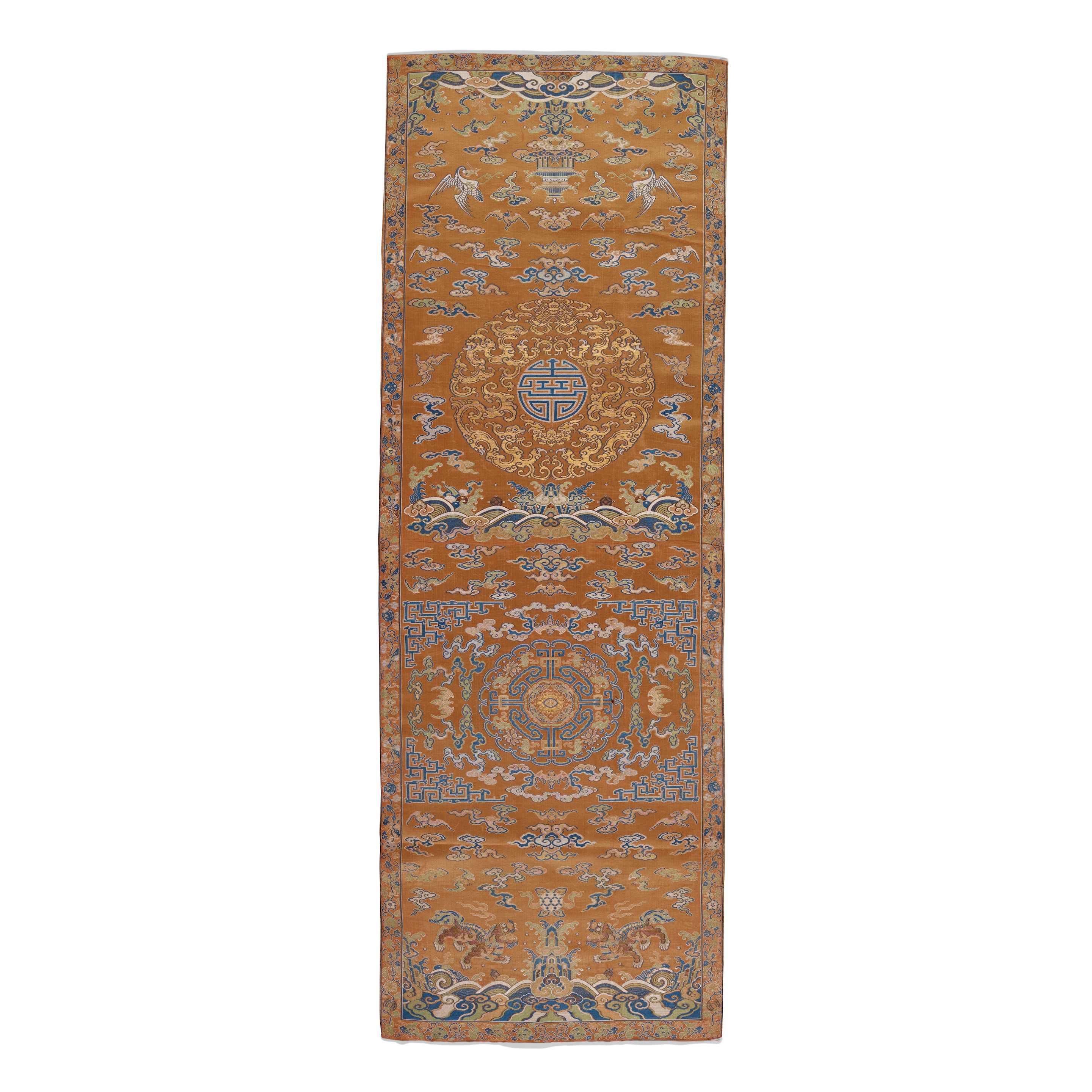 Bonhams : AN APRICOT-GROUND SILK BROCADE CHAIR COVER Late Qing dynasty