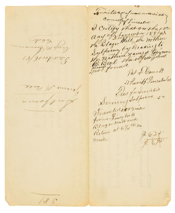 Bonhams : PAT GARRETT SIGNED SUBPOENA FOR CAPTURE OF JEROME BEALL AT ...