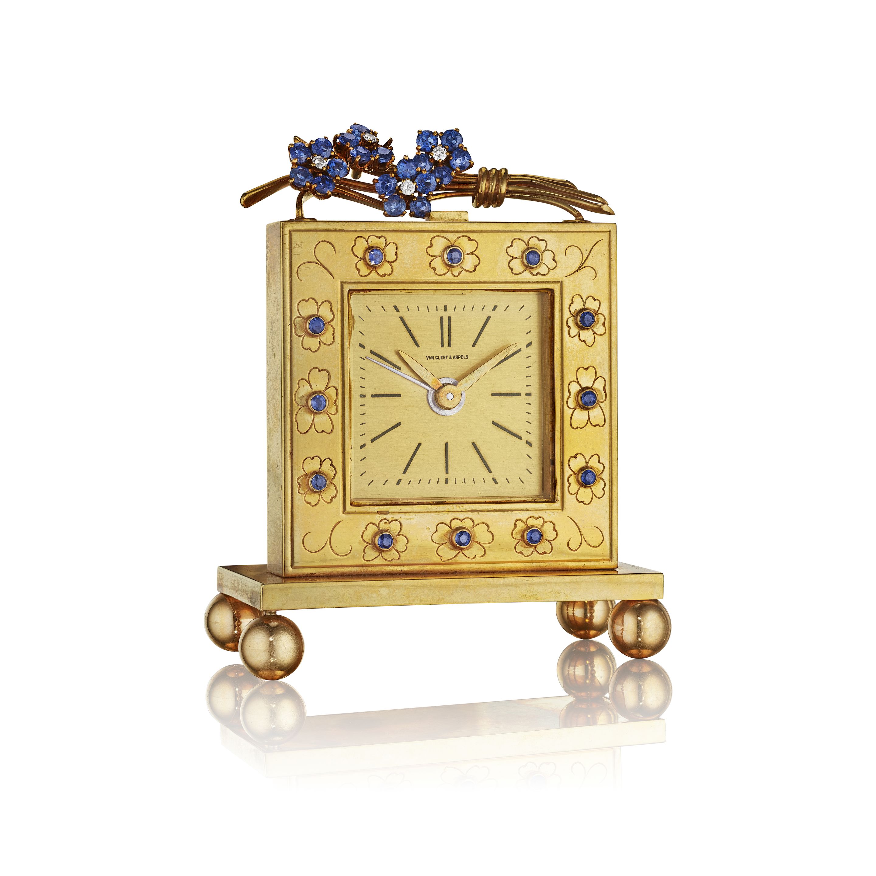 Bonhams : VAN CLEEF AND ARPELS SAPPHIRE AND DIAMOND DESK CLOCK; CIRCA 1940
