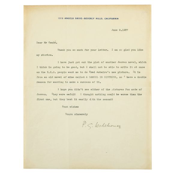 Bonhams : WODEHOUSE, P.G. 1881-1975. Typed Letter Signed ("P.G ...