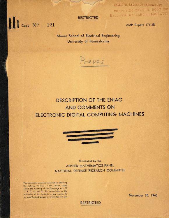 Bonhams : ENIAC ECKERT, J. PRESPER, JOHN W. MAUCHLY, HERMAN H ...