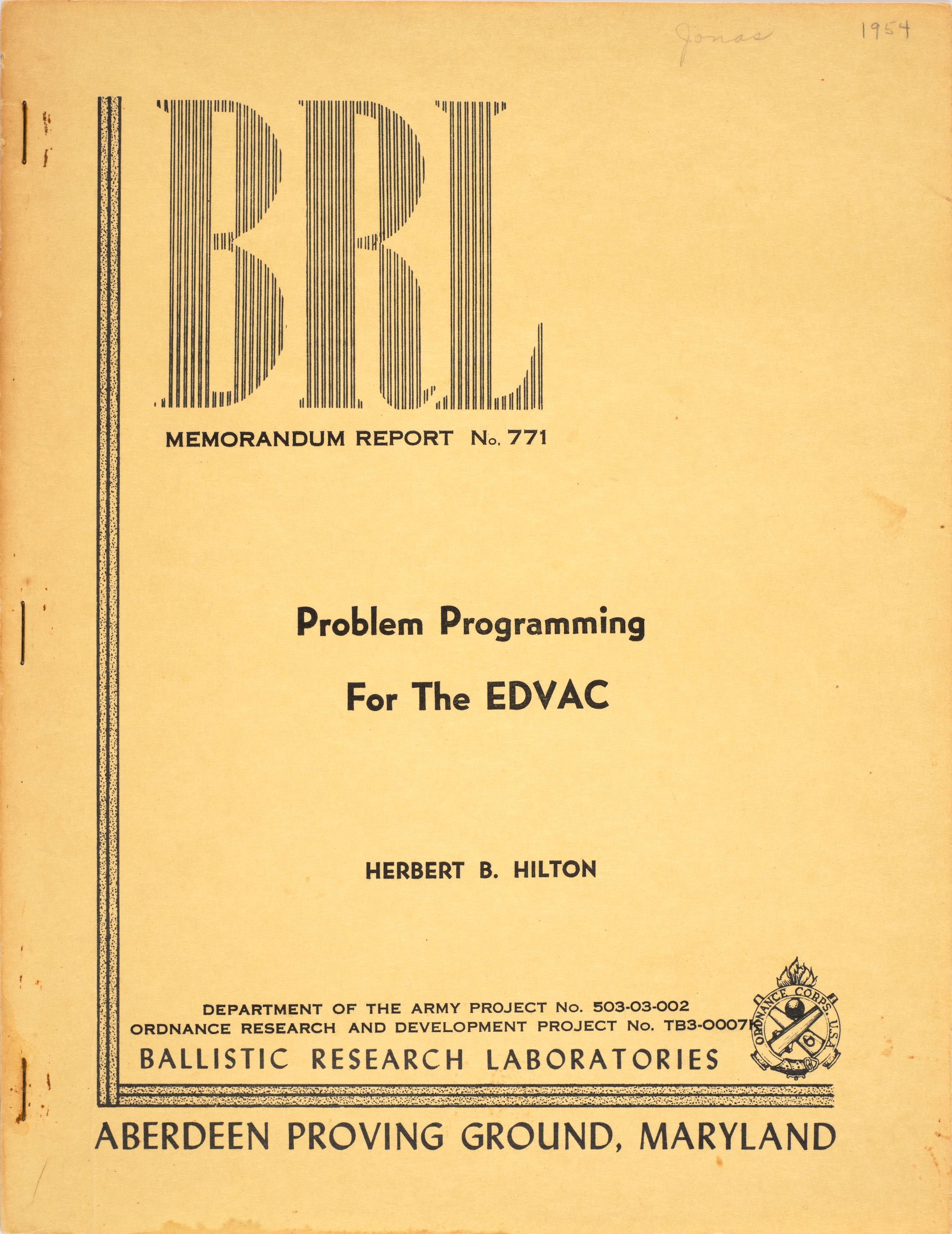 Bonhams : EDVAC HILTON, HERBERT B. Memorandum Report No. 771 Problem ...