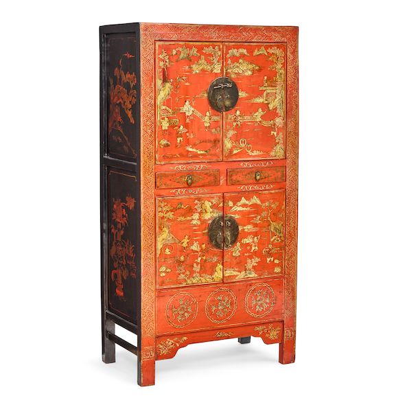 Bonhams : A CHINESE RED AND BLACK LACQUERED CABINET20th century