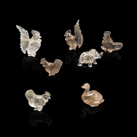 Bonhams : Rutilated Quartz Three Chickens, Two Roosters, Duck and ...