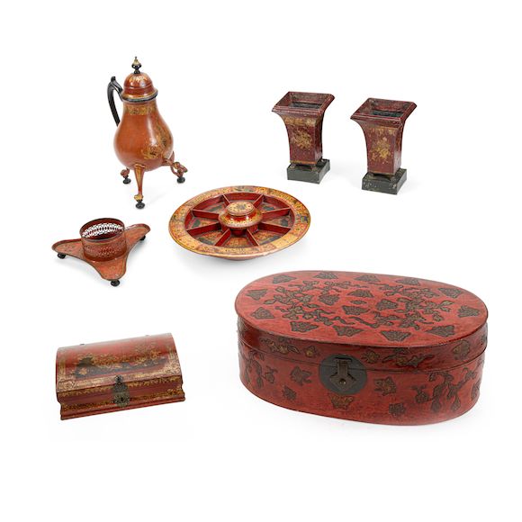 Bonhams : A GROUP OF SEVEN RED LACQUER AND RED TÔLE OBJECTS19th and ...