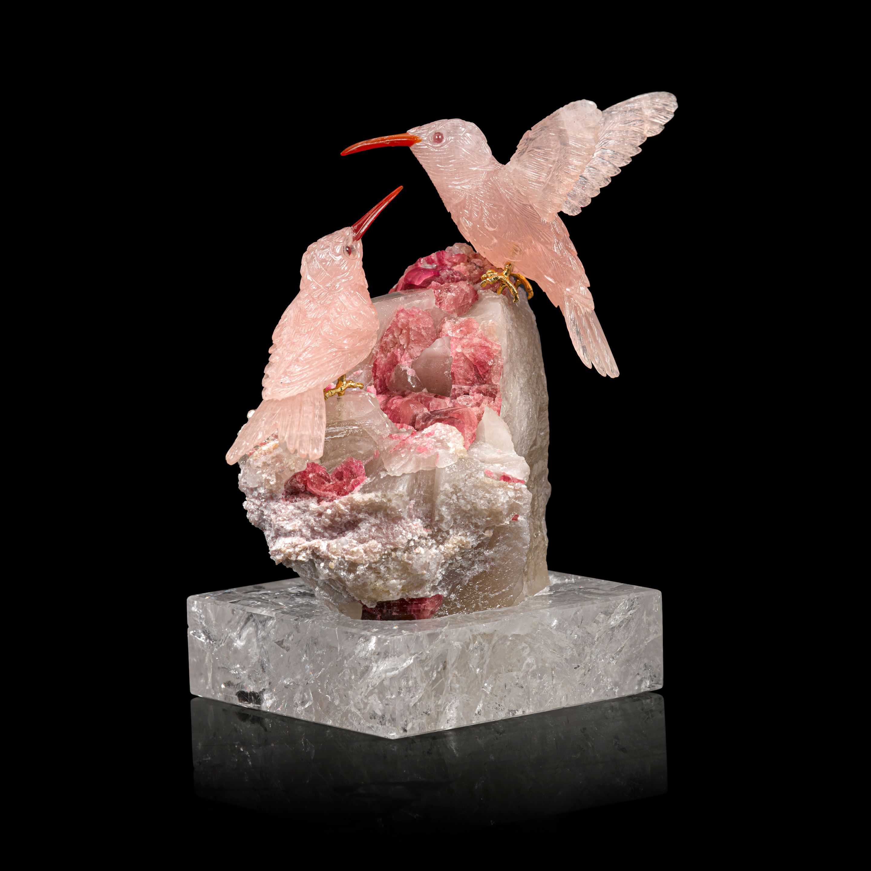 Bonhams : Two Rose Quartz Hummingbirds on a Rubellite Base by Peter Muller