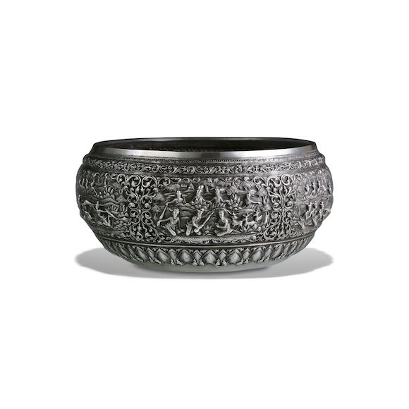Bonhams : A SILVER OFFERING BOWL WITH SCENES OF A LOCAL BURMESE LEGEND ...