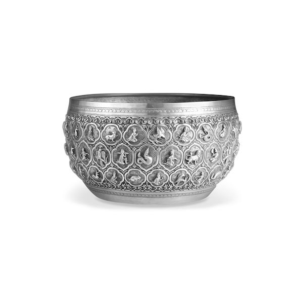 Bonhams : A SILVER OFFERING BOWL WITH ANIMALS AND FIGURES FROM MYTHS ...