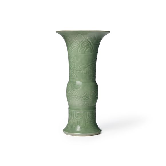 Bonhams : AN UNUSUAL CARVED AND CELADON-GLAZED GU-SHAPED BEAKER VASE ...