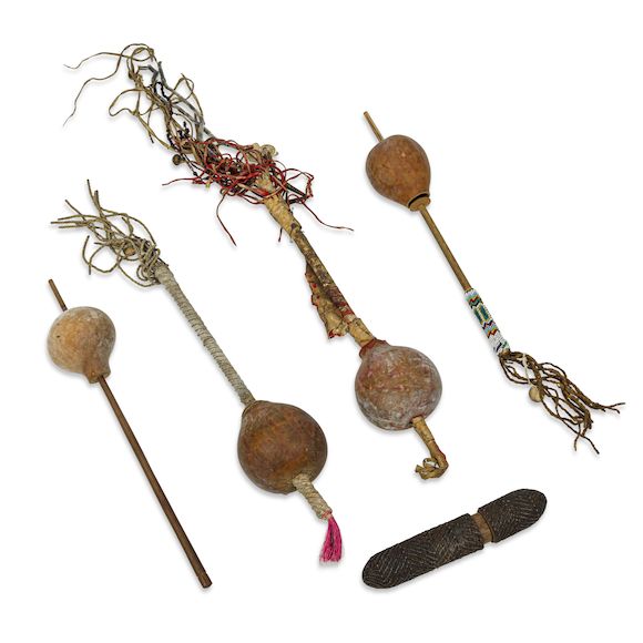 Bonhams : Four peyote rattles and a related container