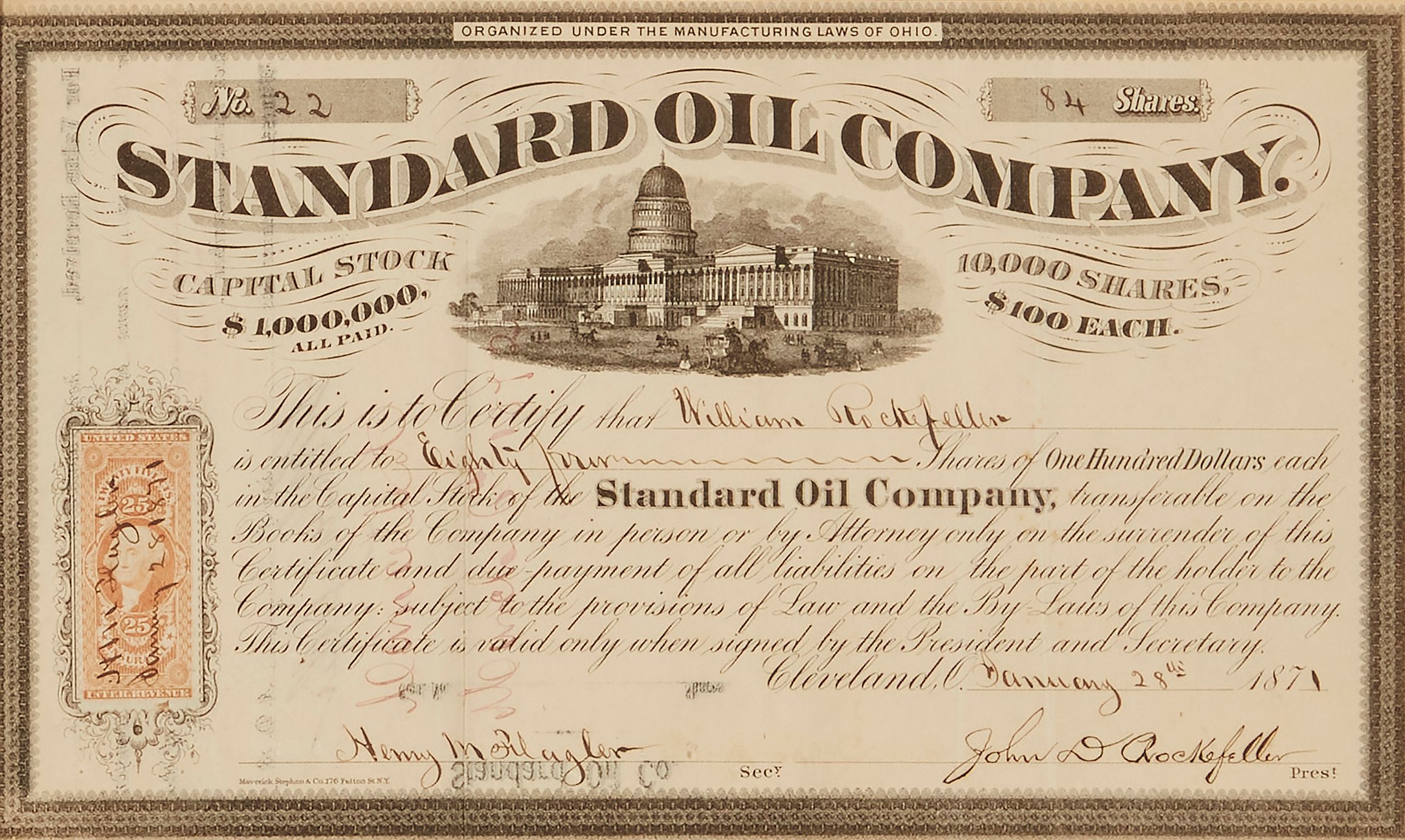 Bonhams : ROCKEFELLER ISSUES STOCK TO HIS BROTHER. ROCKEFELLER, JOHN ...