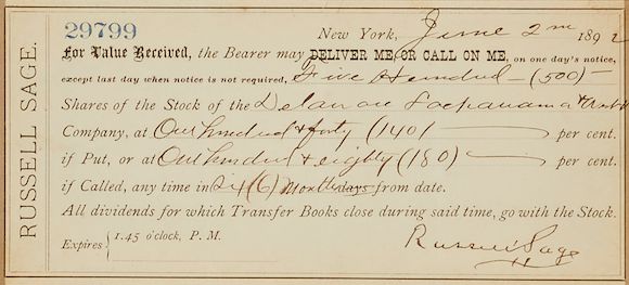 Bonhams Skinner : RUSSELL SAGE SIGNS A "PUT AND CALL" AGREEMENT. SAGE ...