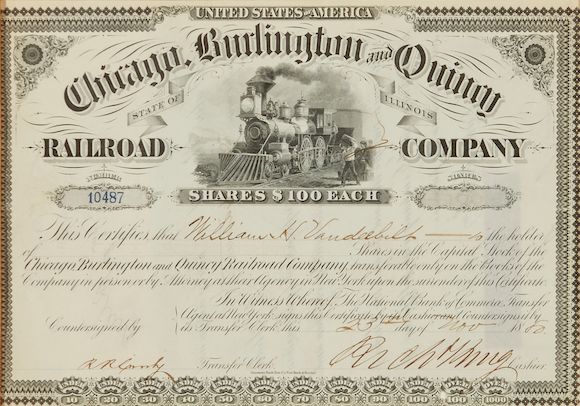 Bonhams Skinner : A WILLIAM VANDERBILT ENDORSED CHICAGO, BURLINGTON AND ...