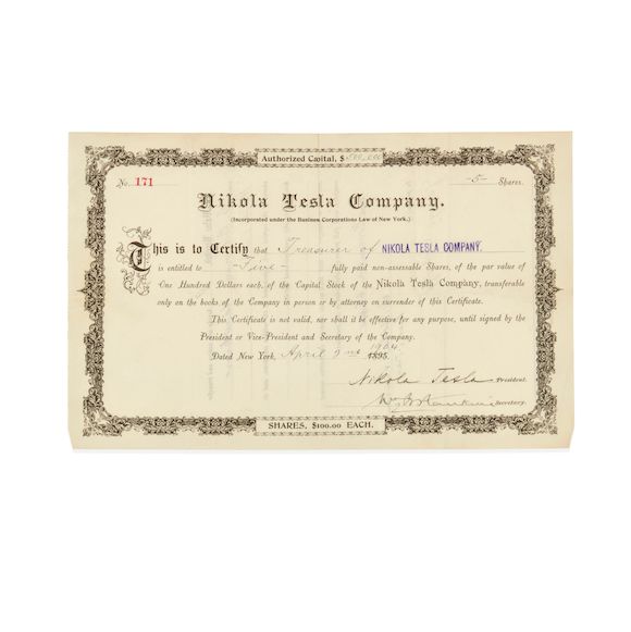 Bonhams : NIKOLA TESLA COMPANY TWICE SIGNED STOCK CERTIFICATE TESLA ...