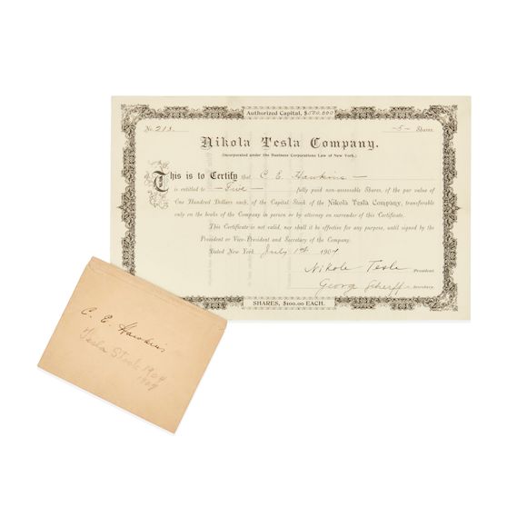 Bonhams : NIKOLA TESLA COMPANY SIGNED STOCK CERTIFICATE TESLA, NIKOLA ...
