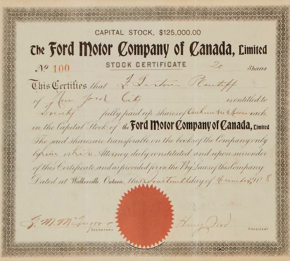 Bonhams Skinner : A HENRY FORD SIGNED FORD MOTOR COMPANY OF CANADA ...