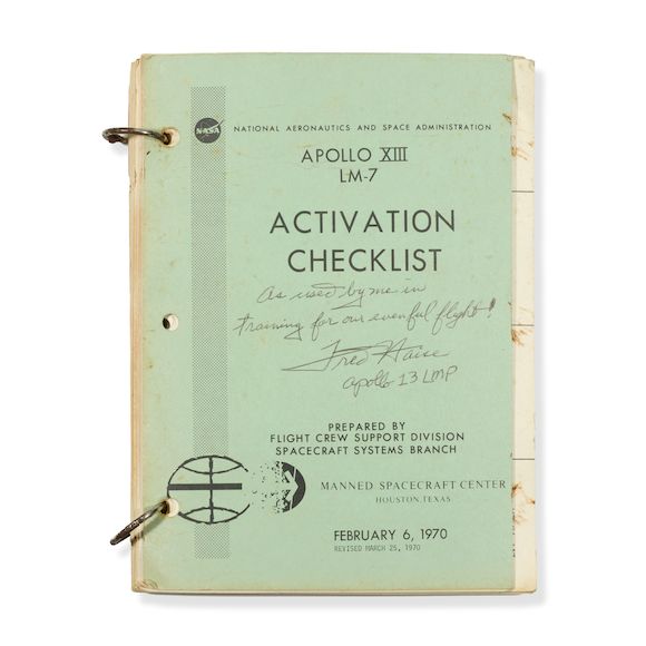 Bonhams : APOLLO 13 FRED HAISE'S ACTIVATION CHECKLIST USED BY HIM IN ...
