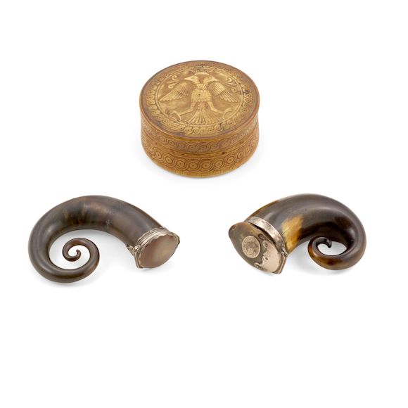 Bonhams : TWO SILVER MOUNTED HORN SNUFF BOXES