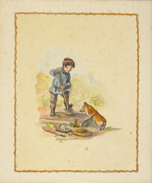 Bonhams : TUDOR, TASHA. 1915-2008. [Corgi with Boy Digging in Garden ...