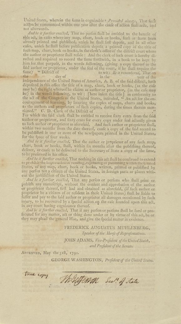 Bonhams : JEFFERSON SIGNS AMERICA'S FIRST FEDERAL COPYRIGHT LAW ...