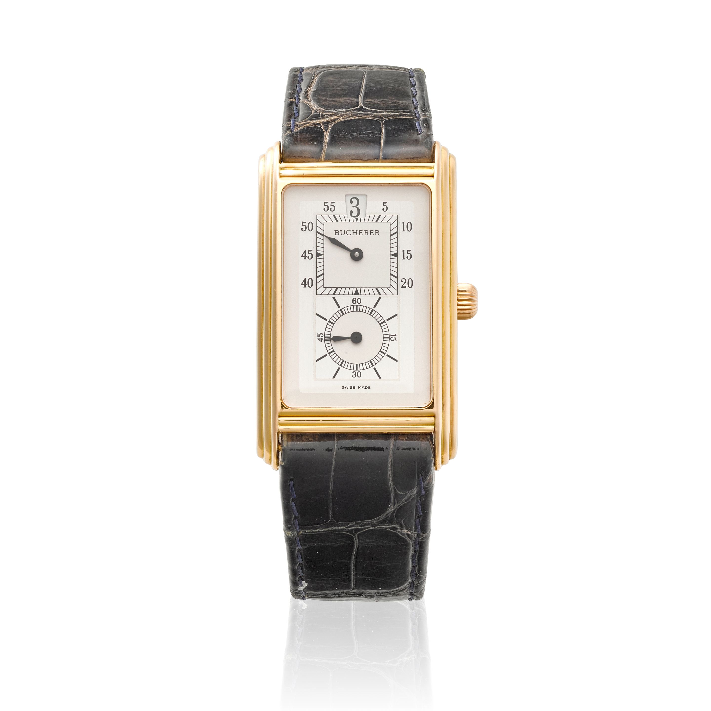 Bonhams : BUCHERER. AN 18K GOLD MANUAL WIND JUMP HOUR WRISTWATCH ...