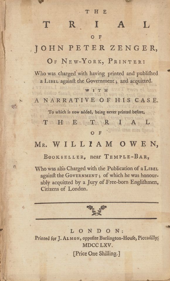 Bonhams : ZENGER TRIAL. ZENGER, JOHN PETER. 1697-1746. The Trial of ...