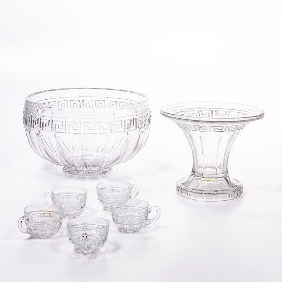 Bonhams Skinner : Heisey Glass Greek Key Punch Bowl, Vase and Five Cups