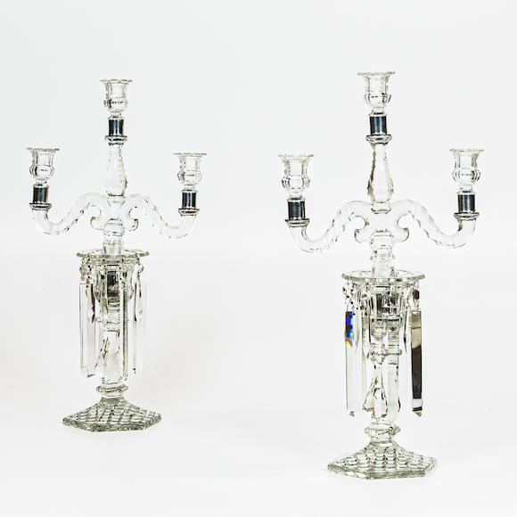 Bonhams Skinner Pair Glass Three Light Candelabra With Prisms