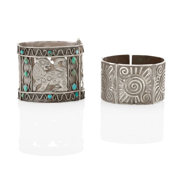 Bonhams : FRED DAVIS: TWO SILVER AND TURQUOISE BRACELETS, MEXICO