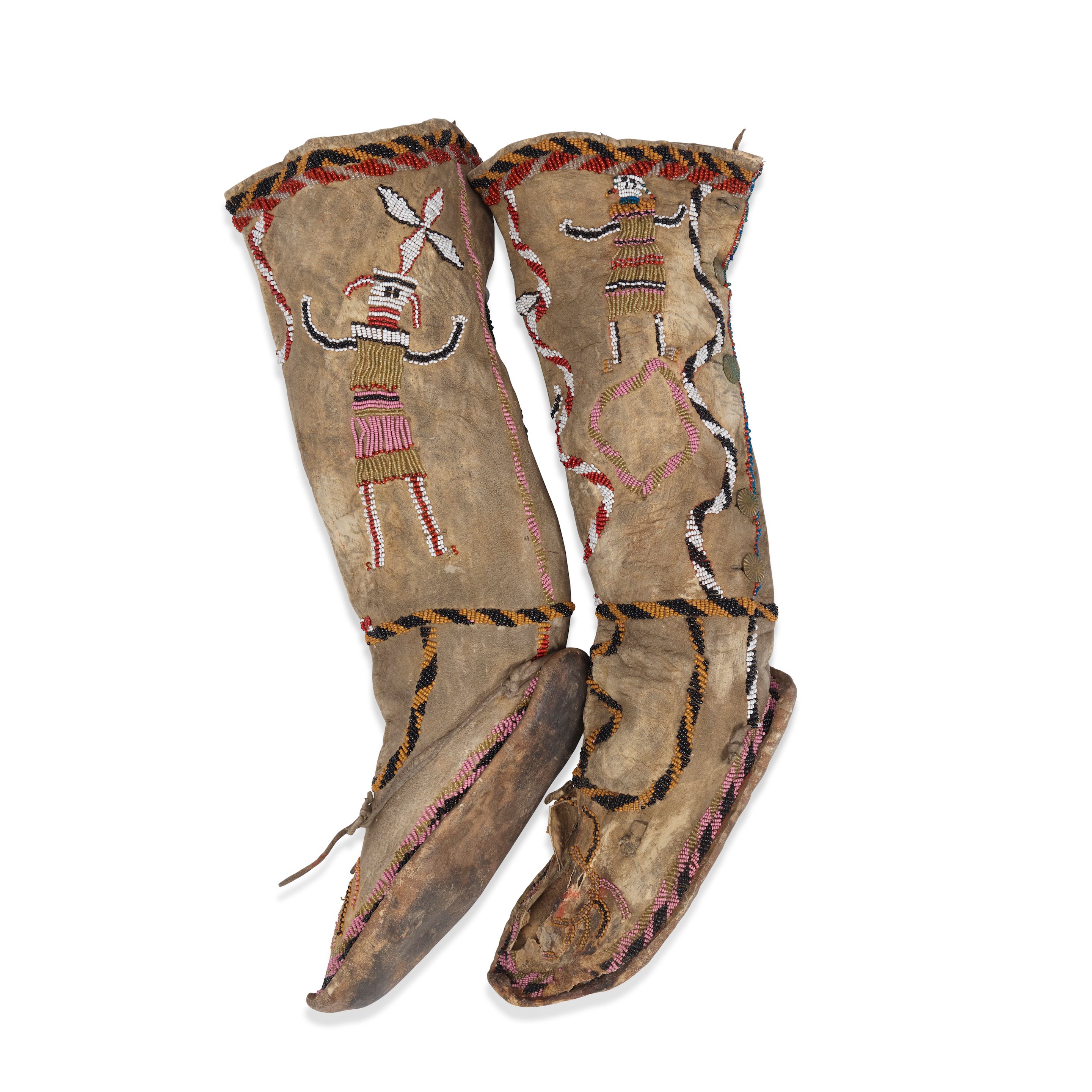 Bonhams : A pair of Apache pictorial beaded high-top moccasins