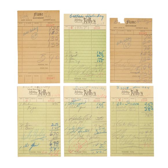 Bonhams : A COLLECTION OF BAR CHECKS SIGNED BY BILLIE HOLIDAY, LATE 1950s