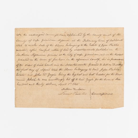 Bonhams Skinner : SLAVERY DOCUMENT. Missouri Slave Sale Receipt, 1845.